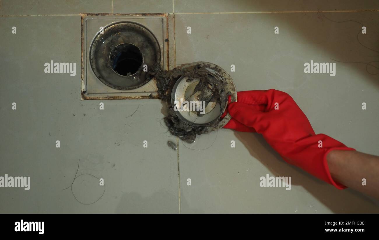 Drain cleaning. Clogged and dirty sewer pipes floor drain. Full of hair ...