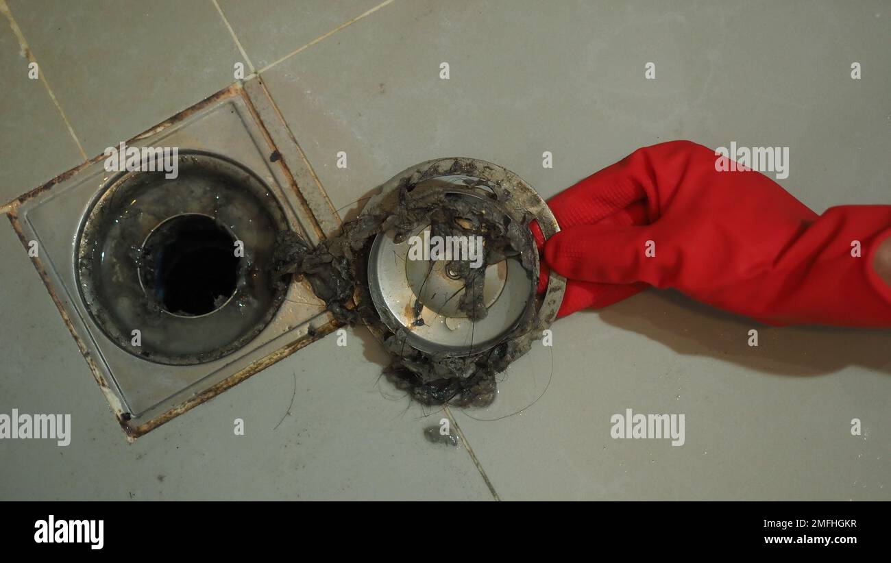 Drain cleaning. Clogged and dirty sewer pipes floor drain. Full of hair ...