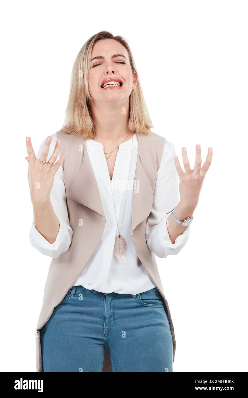 Woman crying, frustrated hand gesture and angry person stressed ...