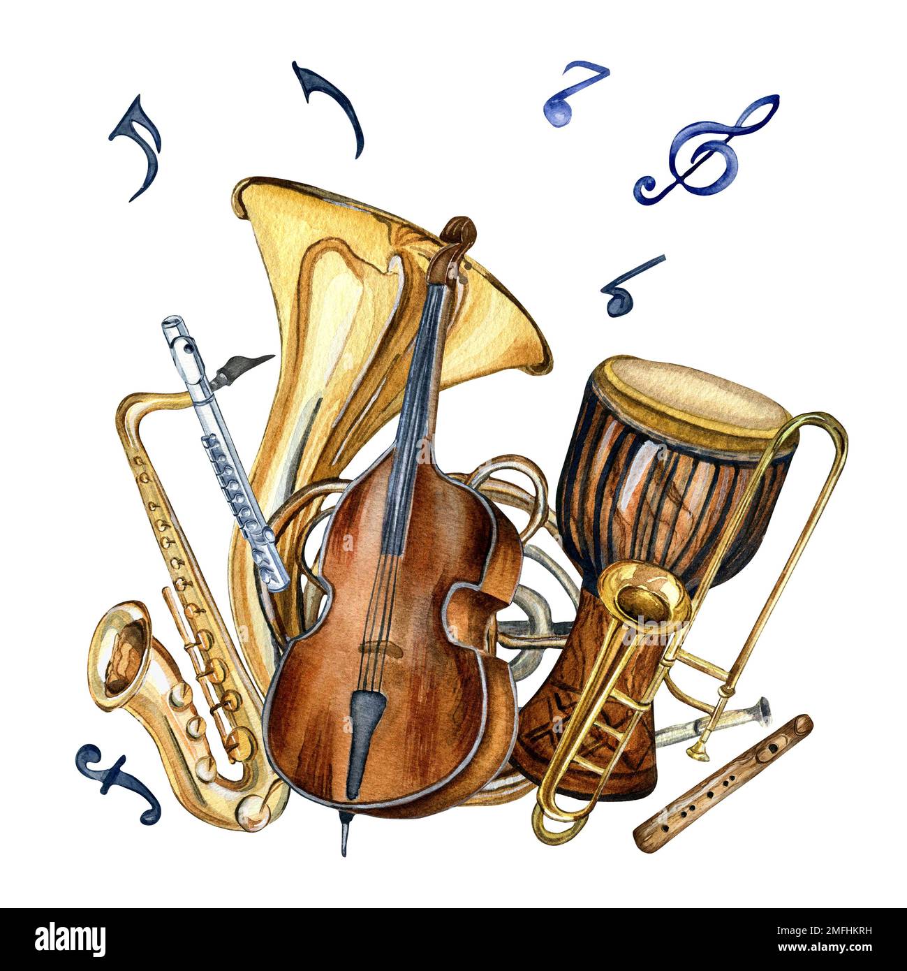 Composition of wind musical instruments and symbol watercolor ...