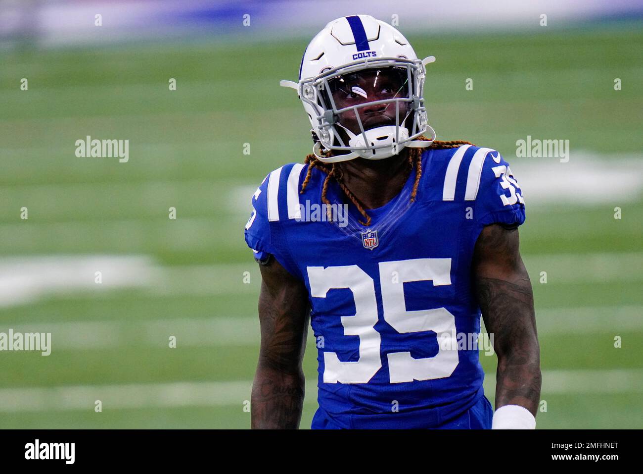 Indianapolis Colts defensive back Tremon Smith (35) warms up before an ...