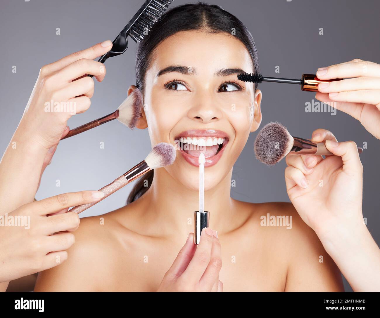 Woman, hands and face makeup tools for skincare wellness, cosmetics ...