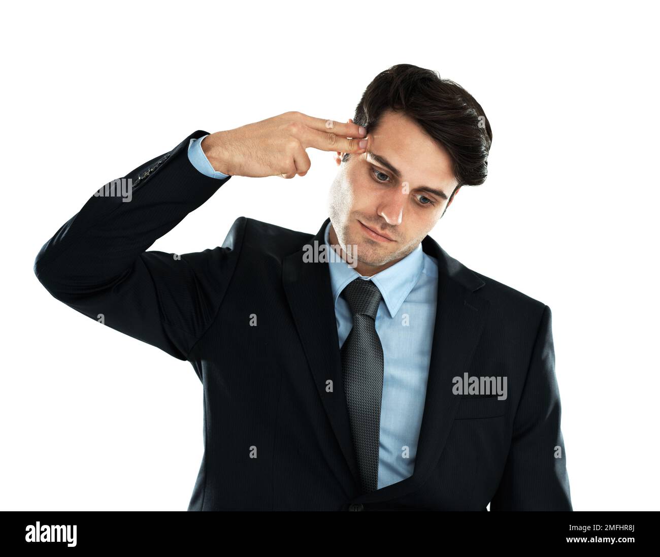 Stress, businessman and depression with hand gun to the head in studio ...