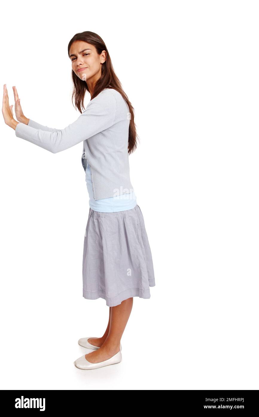 Portrait, mockup and a woman pushing in studio isolated on a white ...