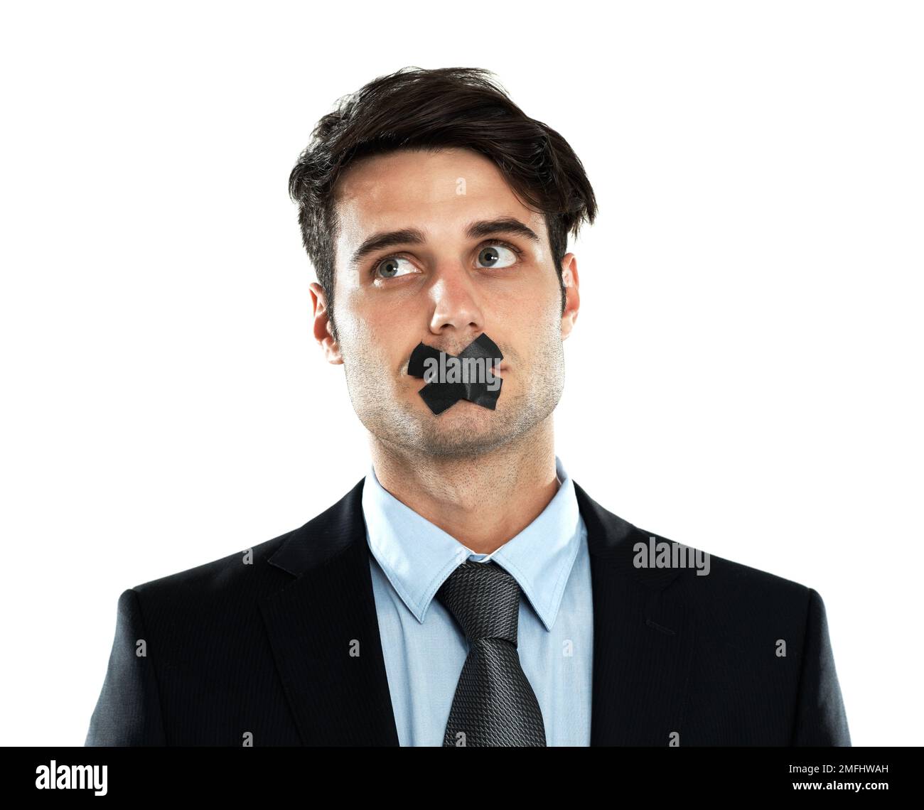 Business man, tape on lips and corporate silence for secret, privacy ...