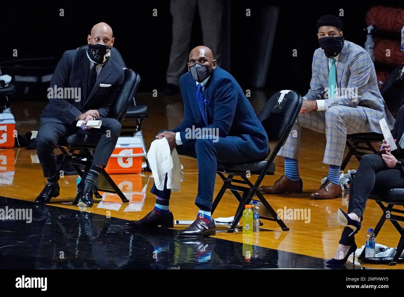 Vanderbilt head coach Jerry Stackhouse, center, watches the action in ...