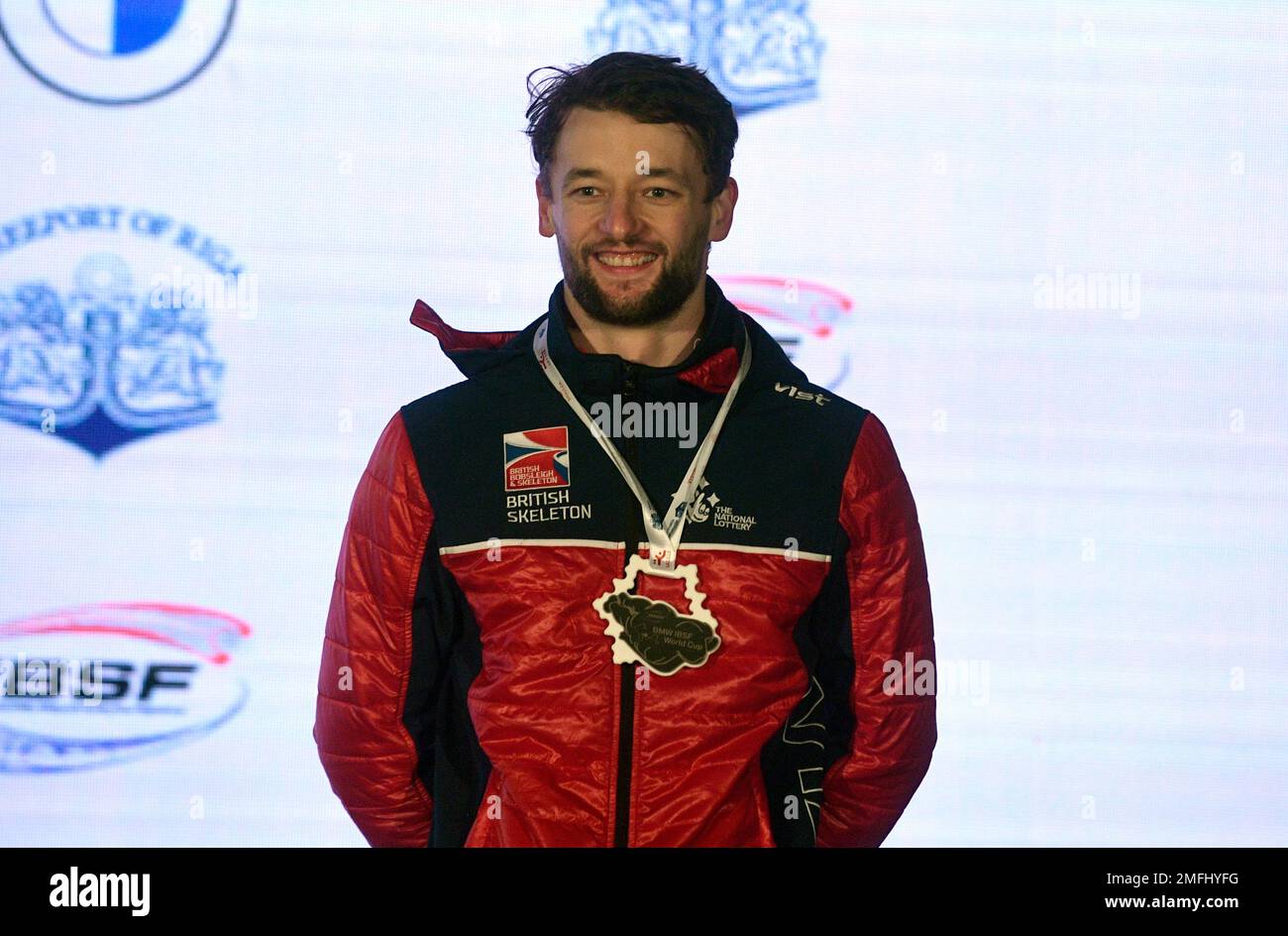 Third placed Marcus Wyatt of Great Britain smiles during the award ...