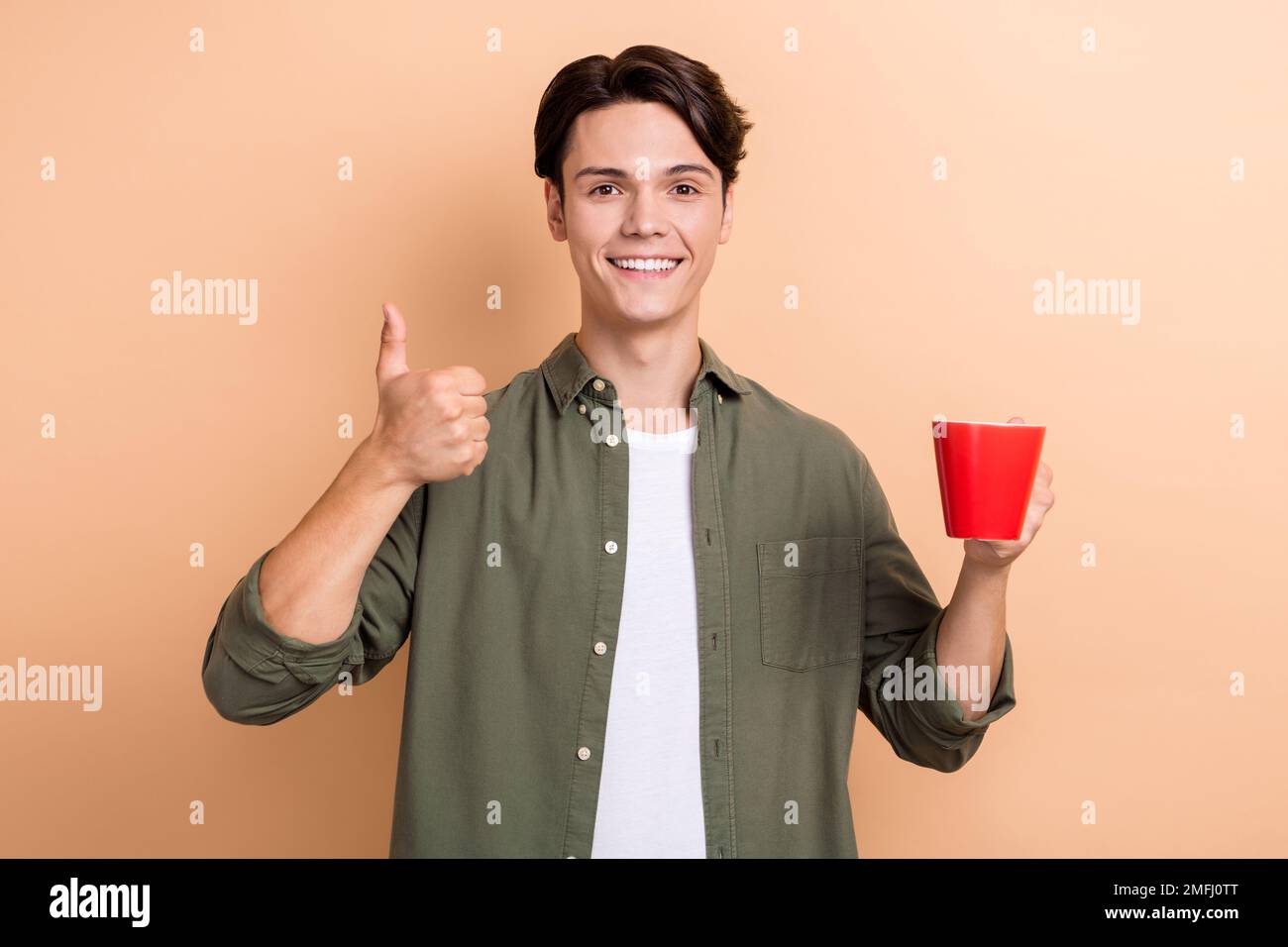 Photo of toothy beaming nice handsome guy with brunet hair dressed ...