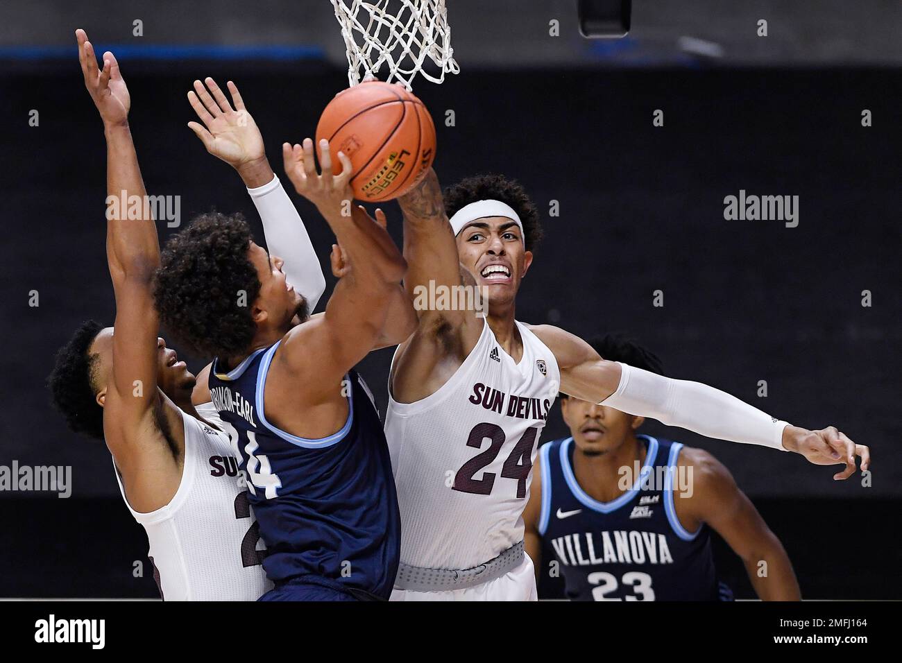 Arizona State's Jalen Graham (24), blocks a shot attempt by Villanova's ...