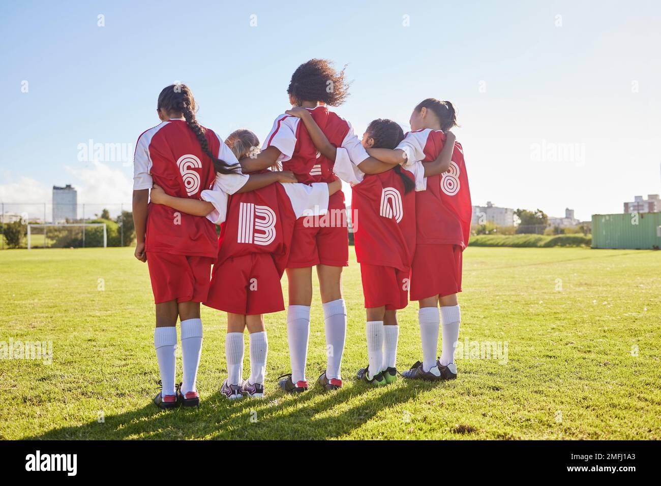 Diversity, sports girl and soccer field training for youth competition ...