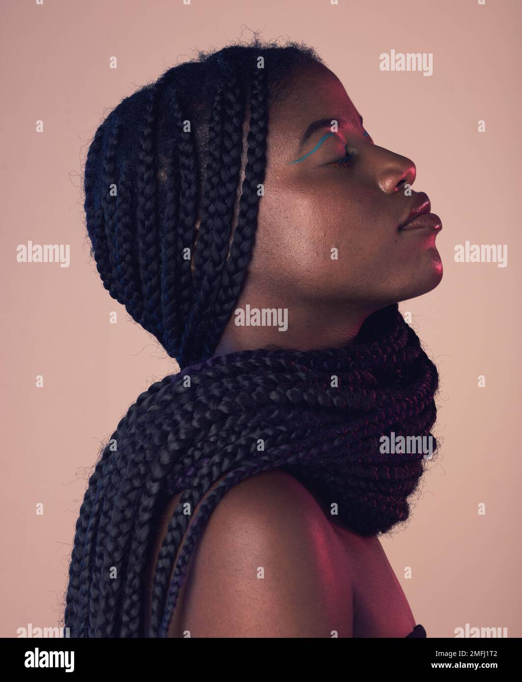 Black woman profile, face and hair with eyes closed, makeup and beauty ...