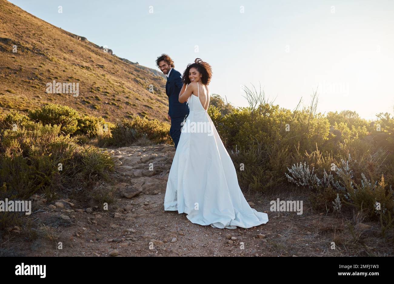 Love, wedding or a couple of friends in countryside after a romantic ...