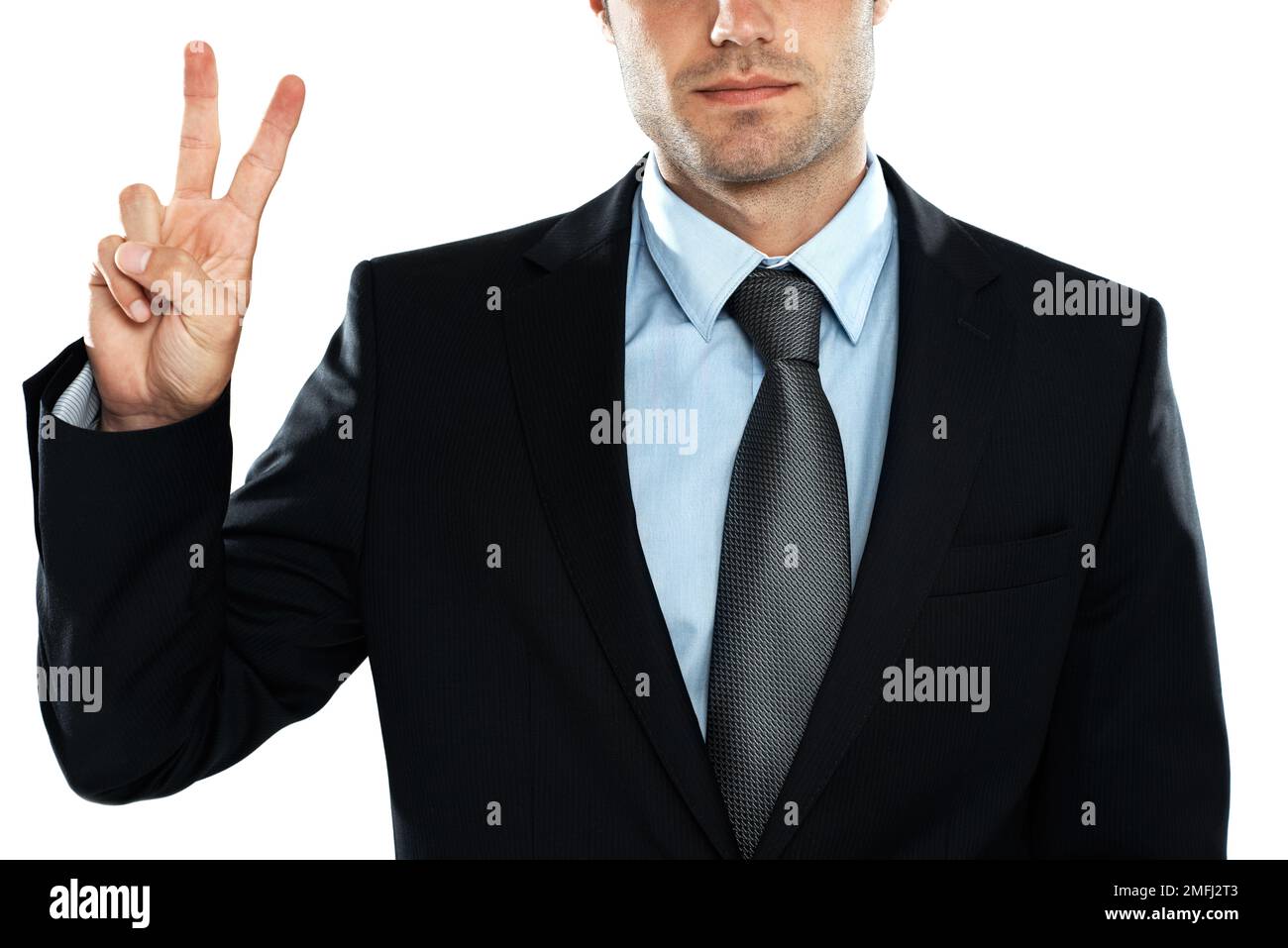 Hand, peace and businessman in studio, winner and mindset standing on ...