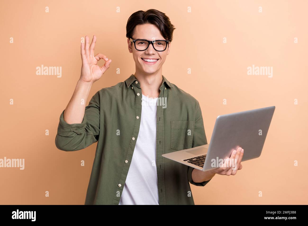 Portrait of positive optimistic smart man with brunet haircut dressed ...
