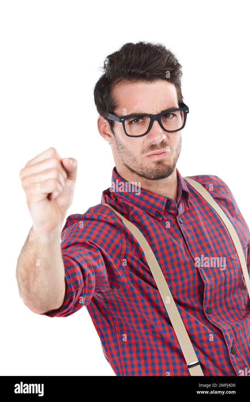 Portrait, man and fist for anger, fight and frustrated with guy ...