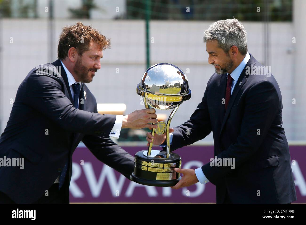 Paraguay's President Mario Abdo Benitez, right, receives a Copa ...