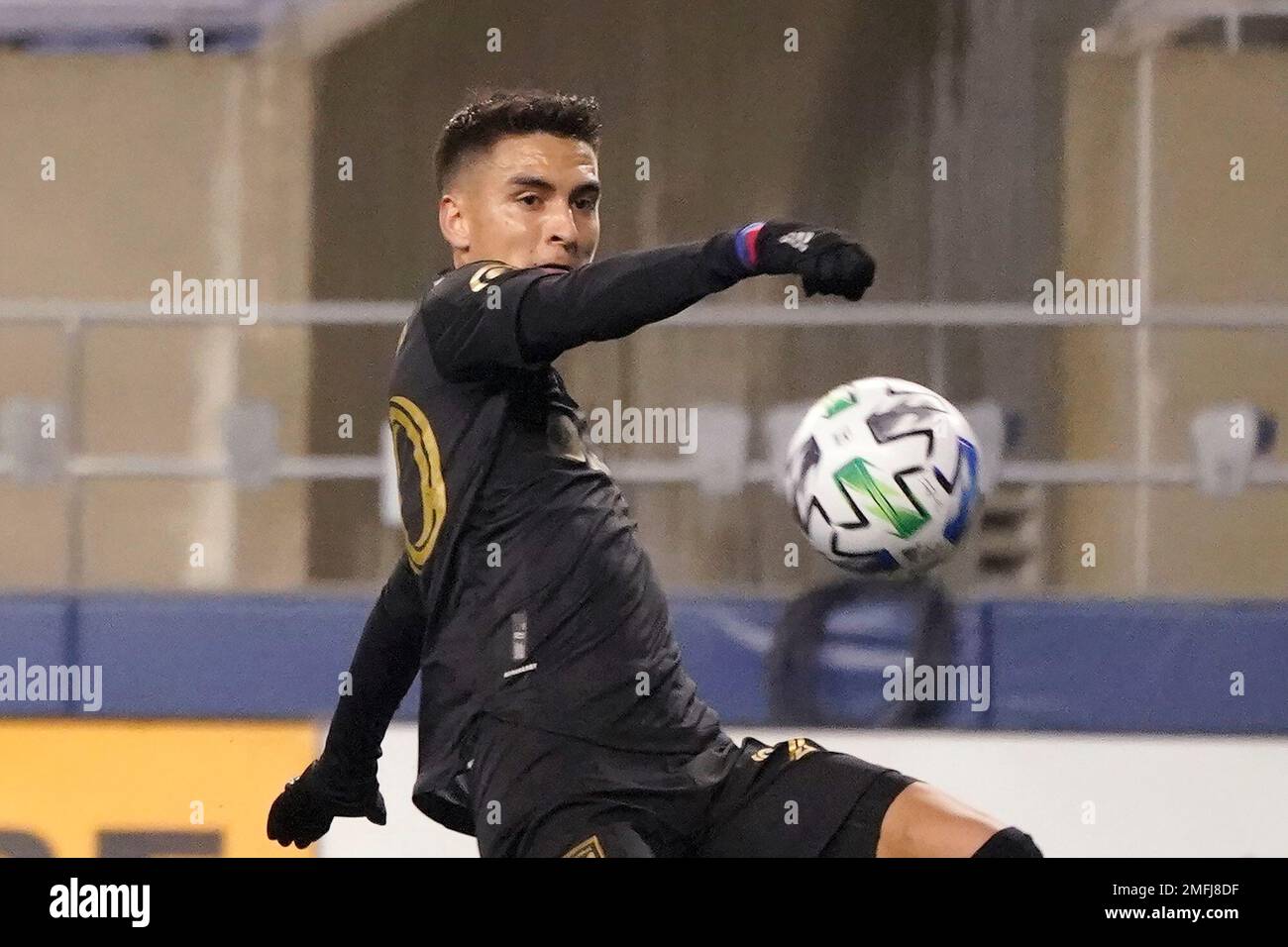 Los Angeles FC midfielder Eduard Atuesta scores against the Seattle Sounders during the second ...