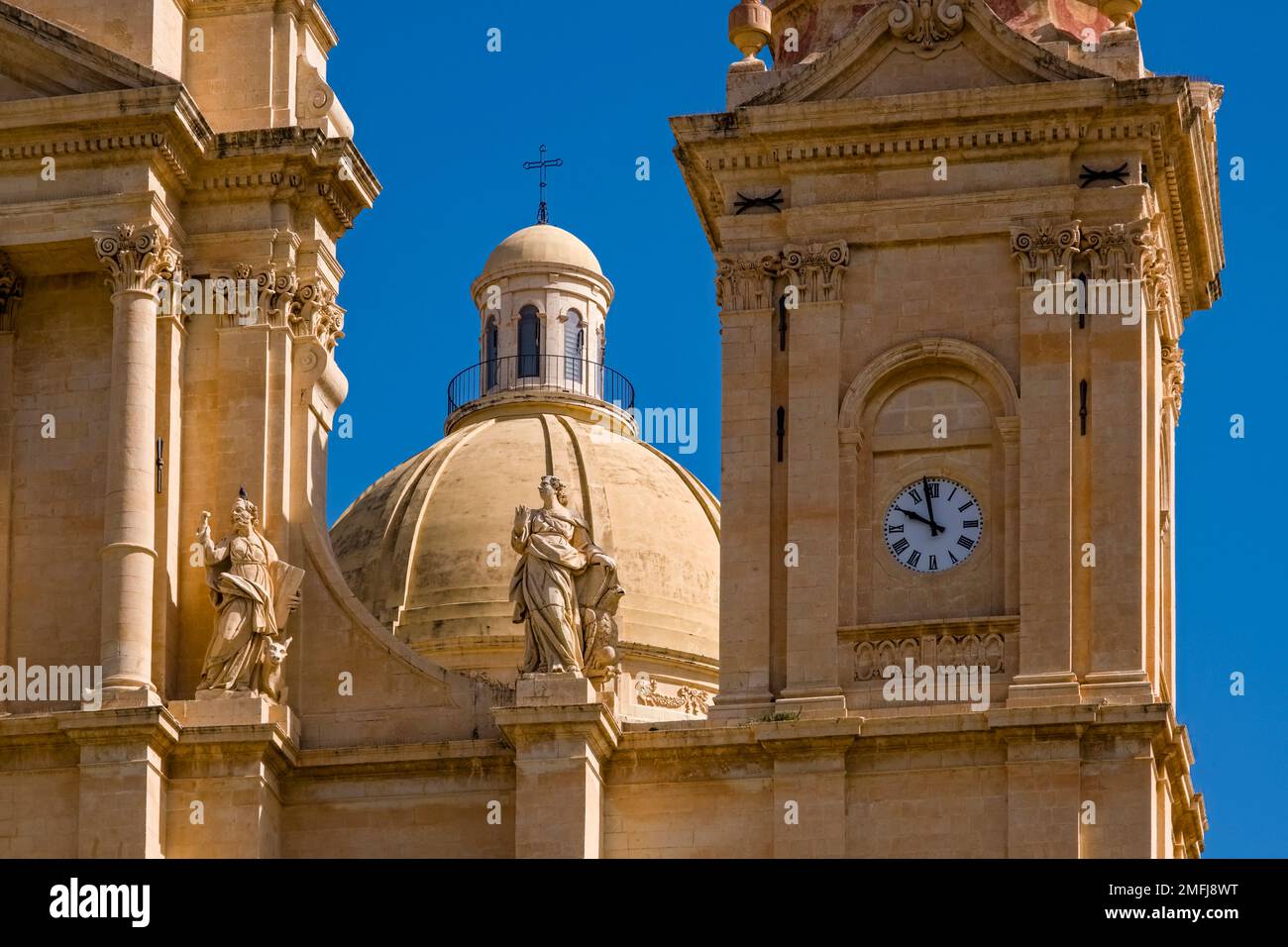 The top of Noto Cathedral, Basilica cattedrale di San Nicolò, seen ...