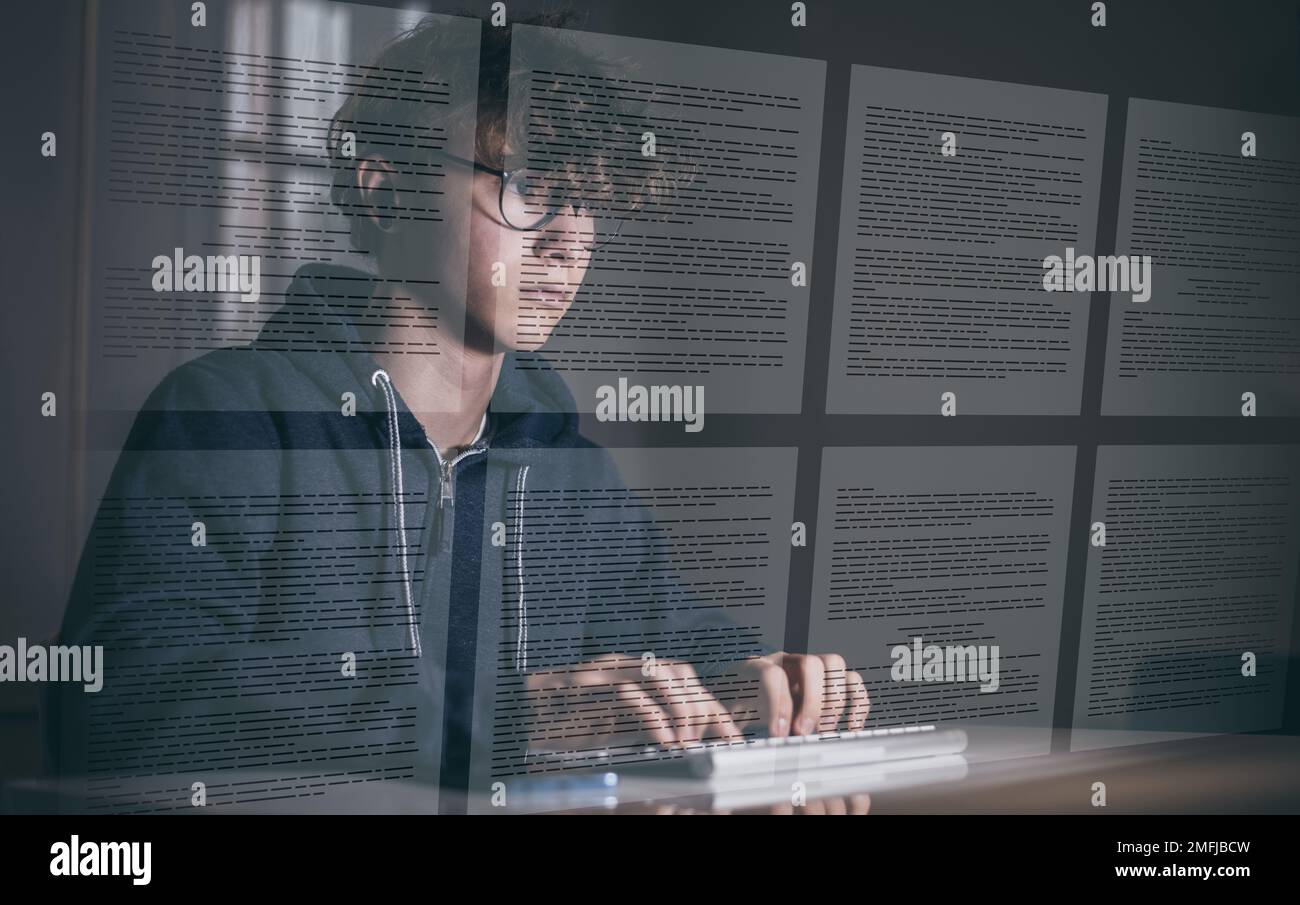 Student working on virtual screen with digital documents. Teenager ...