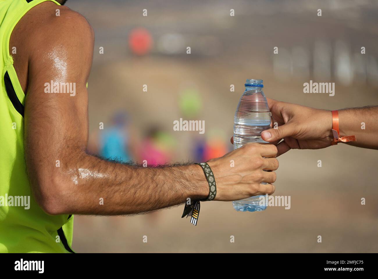Drinks station at a trail running marathon,hydration drinking during a ...