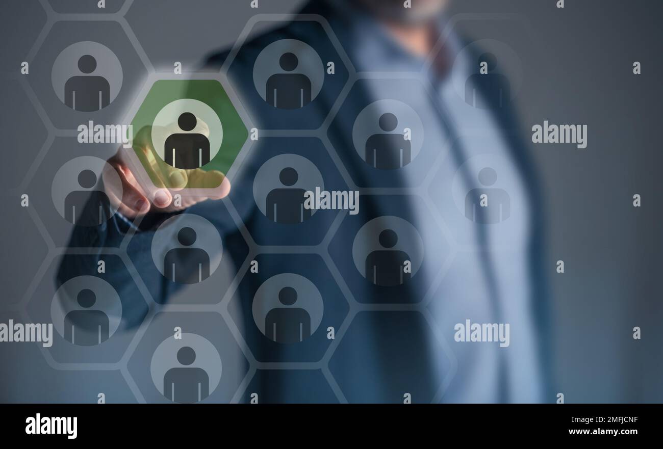 Manager checks CV on virtual screen. Human resource employee choose ...