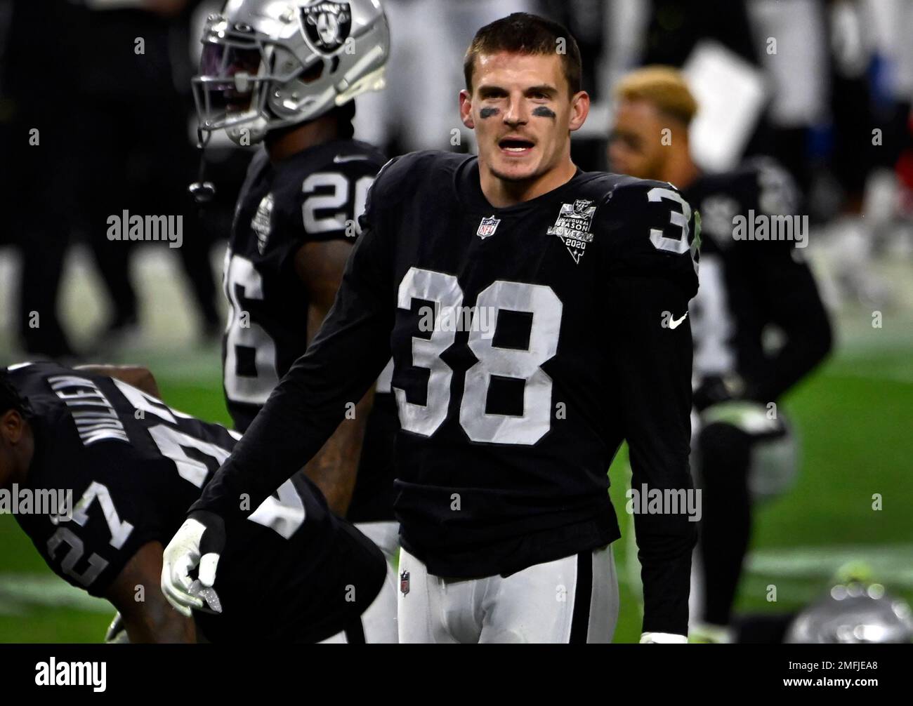 Las Vegas Raiders strong safety Jeff Heath (38) looks on between plays ...