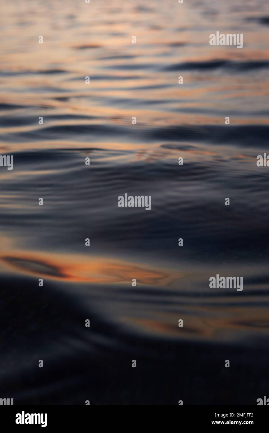 A vertical shot of the mild waves of the lake with the sunset light ...