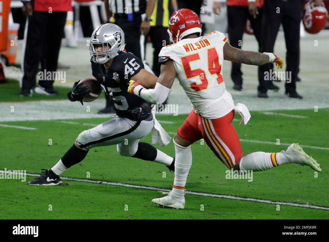 Las Vegas Raiders fullback Alec Ingold (45) runs aginst Kansas City ...