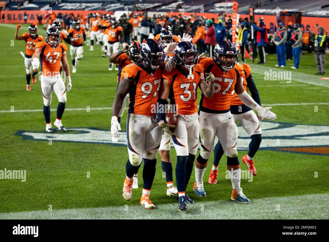 Denver Broncos safety Justin Simmons (31) celebrates his interception ...