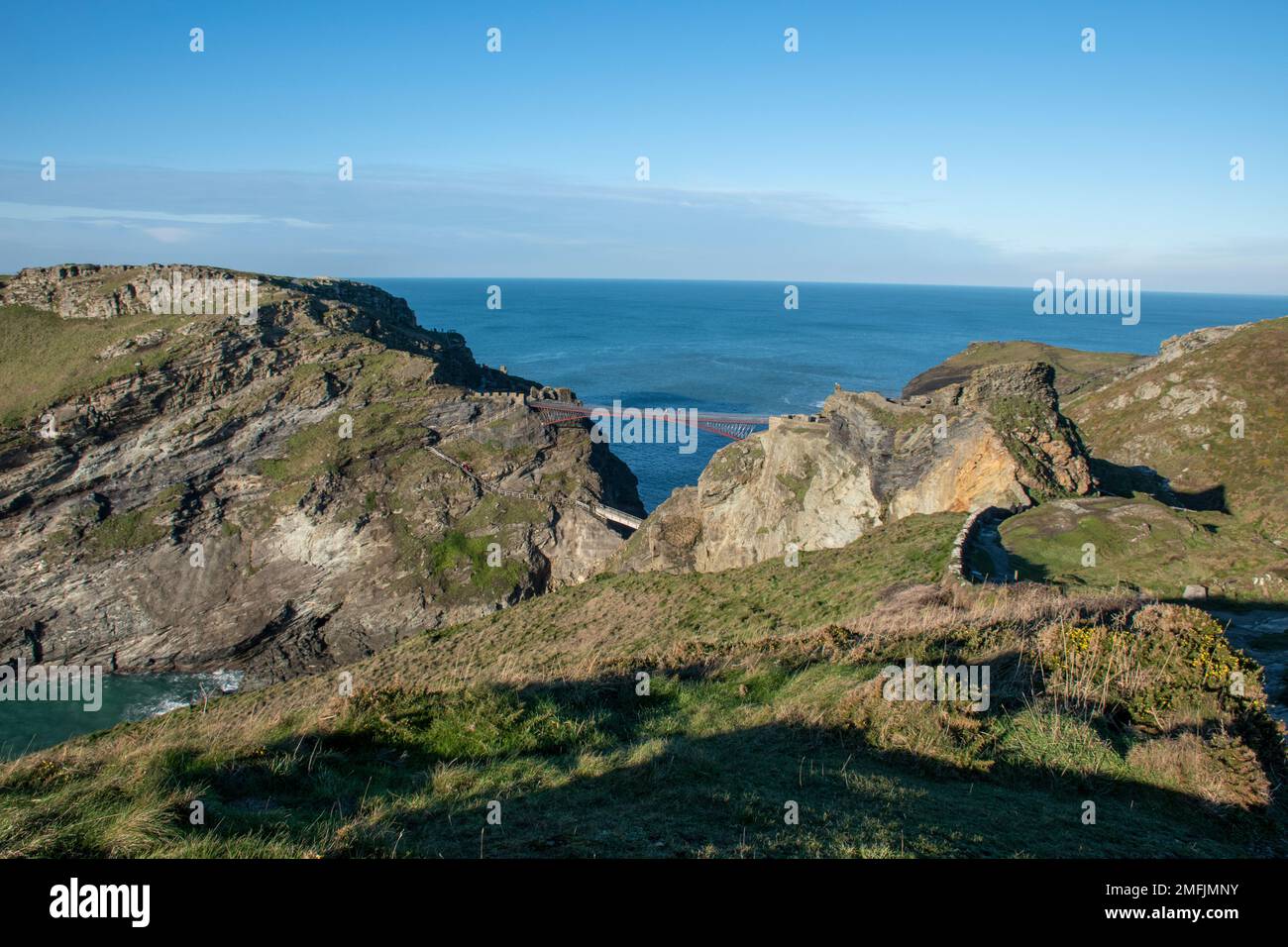 Tintagel Castle and bridge, Cornwall. Legendary home of King Arthur and ...