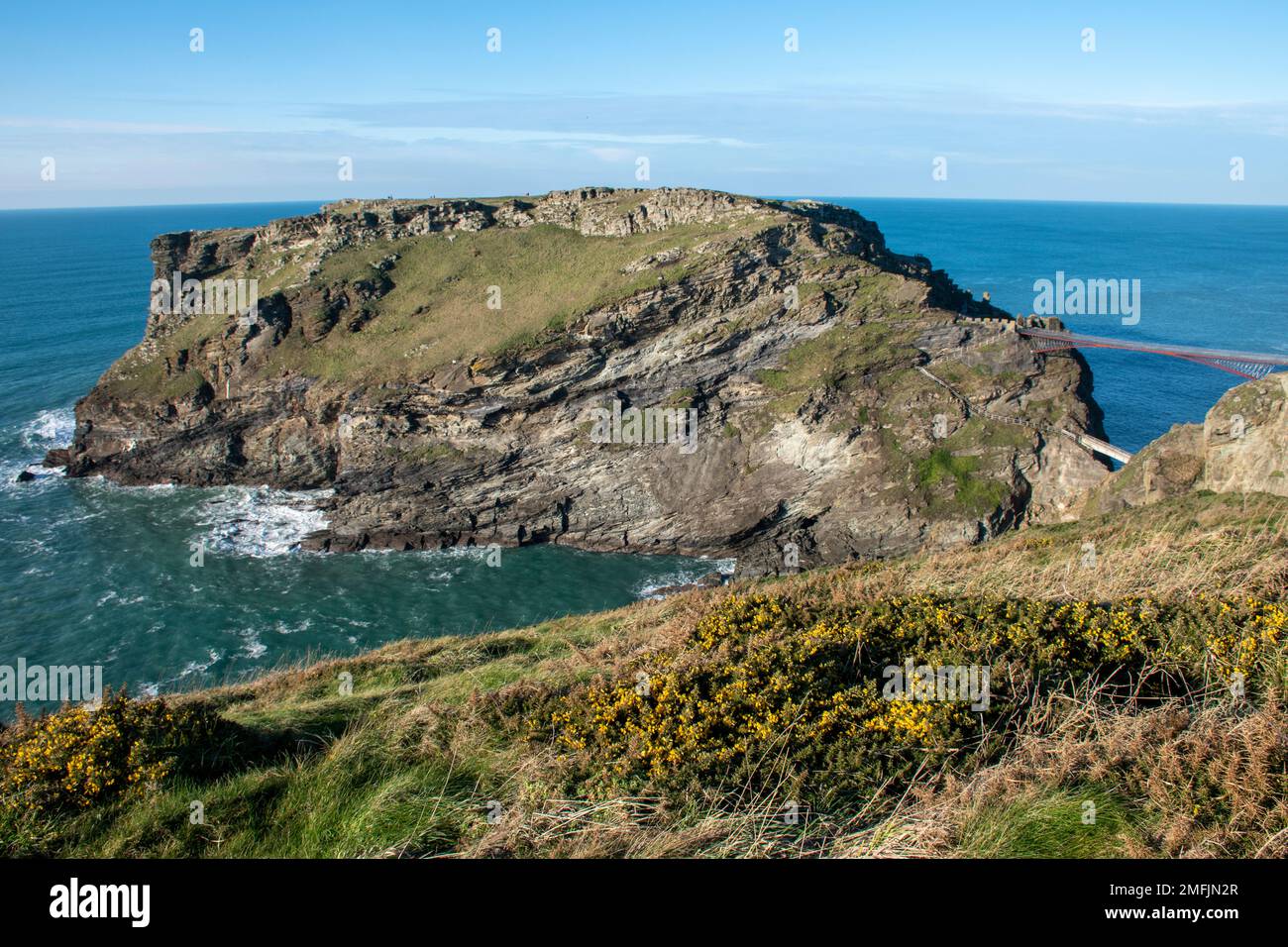 Tintagel Castle and bridge, Cornwall. Legendary home of King Arthur and ...