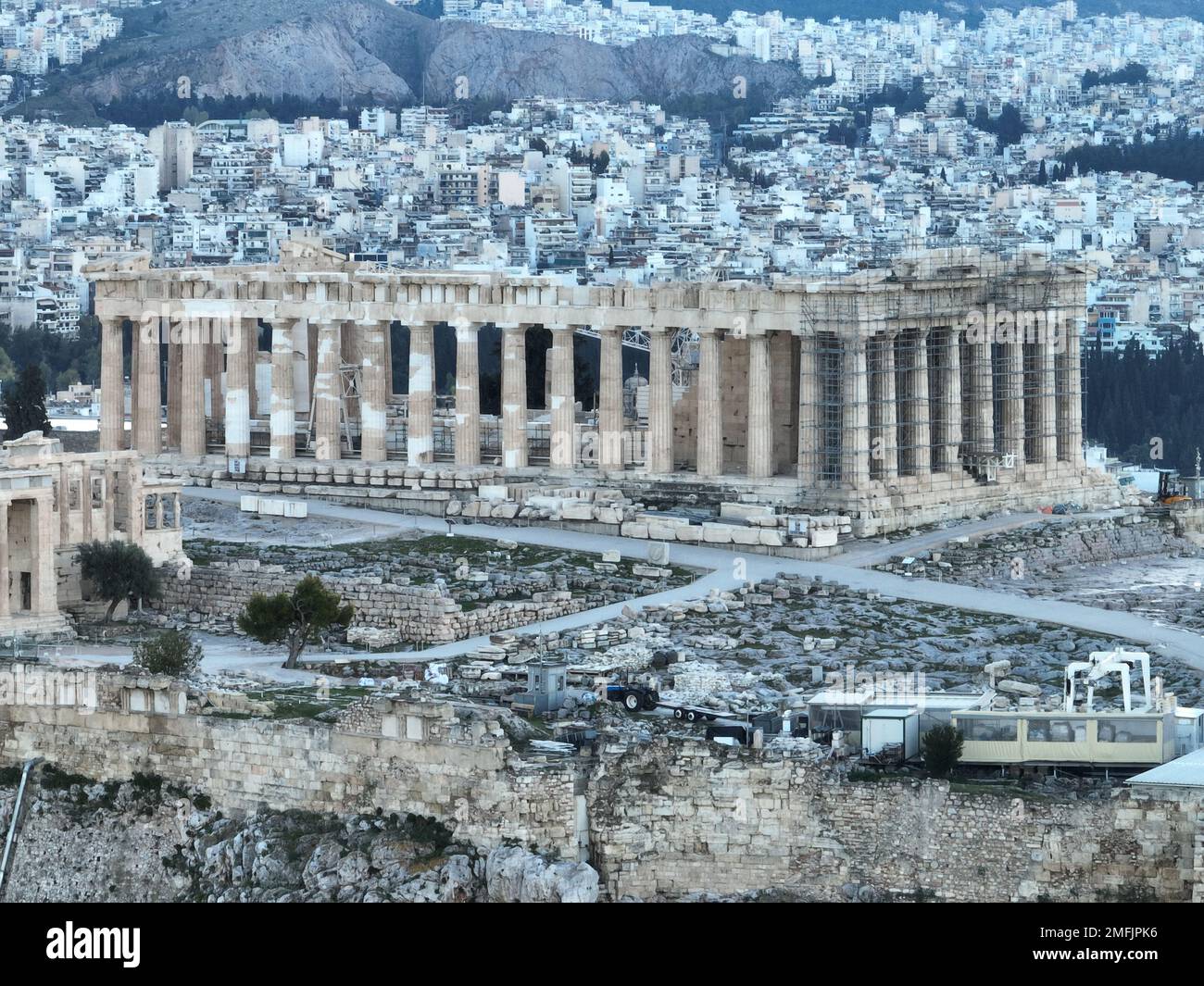 An aerial shot of the Parthenon temple in Athens, Greece Stock Photo ...