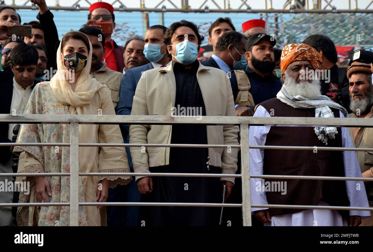 Maulana Fazal-ur-Rehman, right in front row, Bilawal Bhutto Zardari, center, Maryam Nawaz Sharif ...