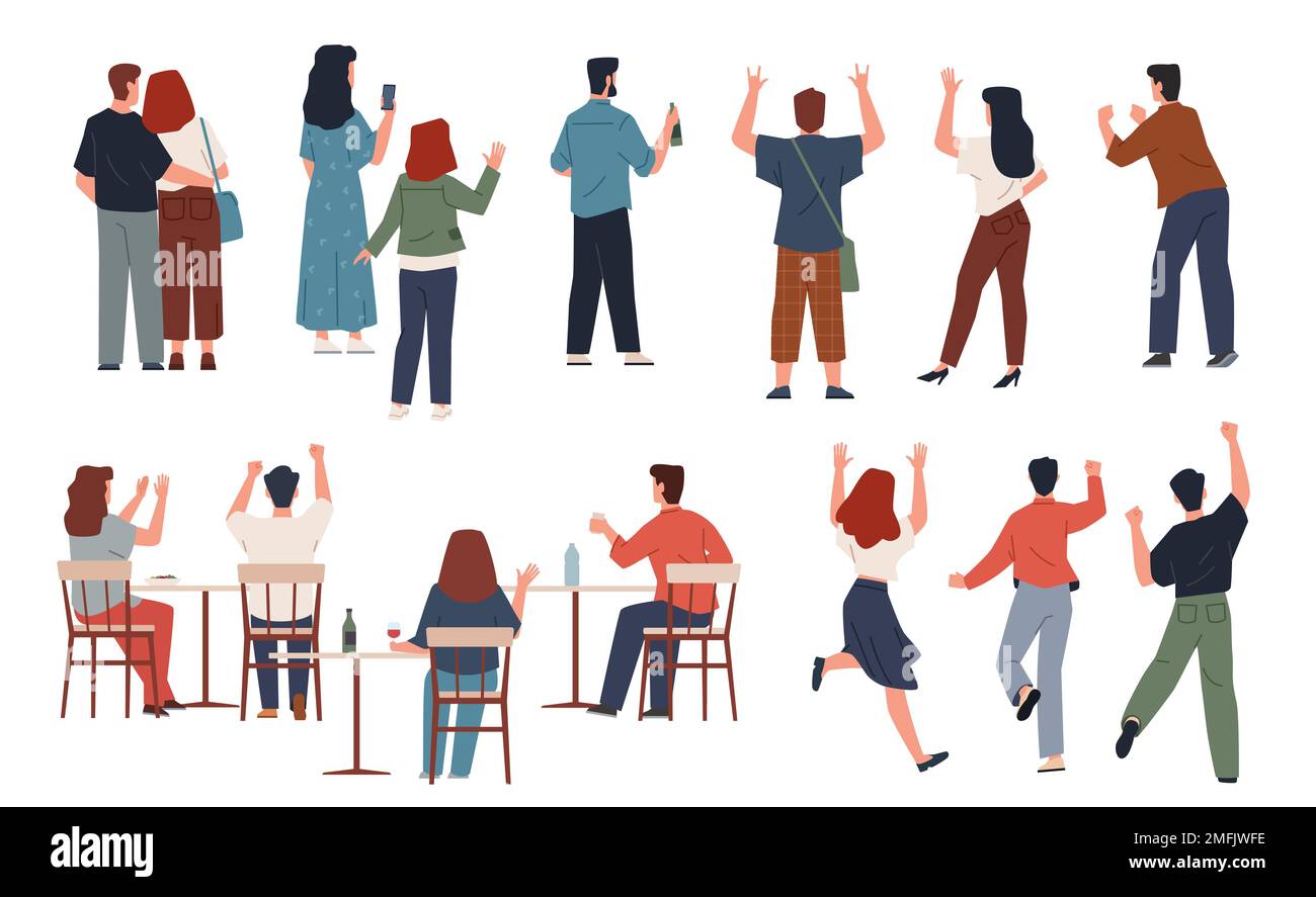 Cheering people back. Pozitive excited characters, rear view men and ...