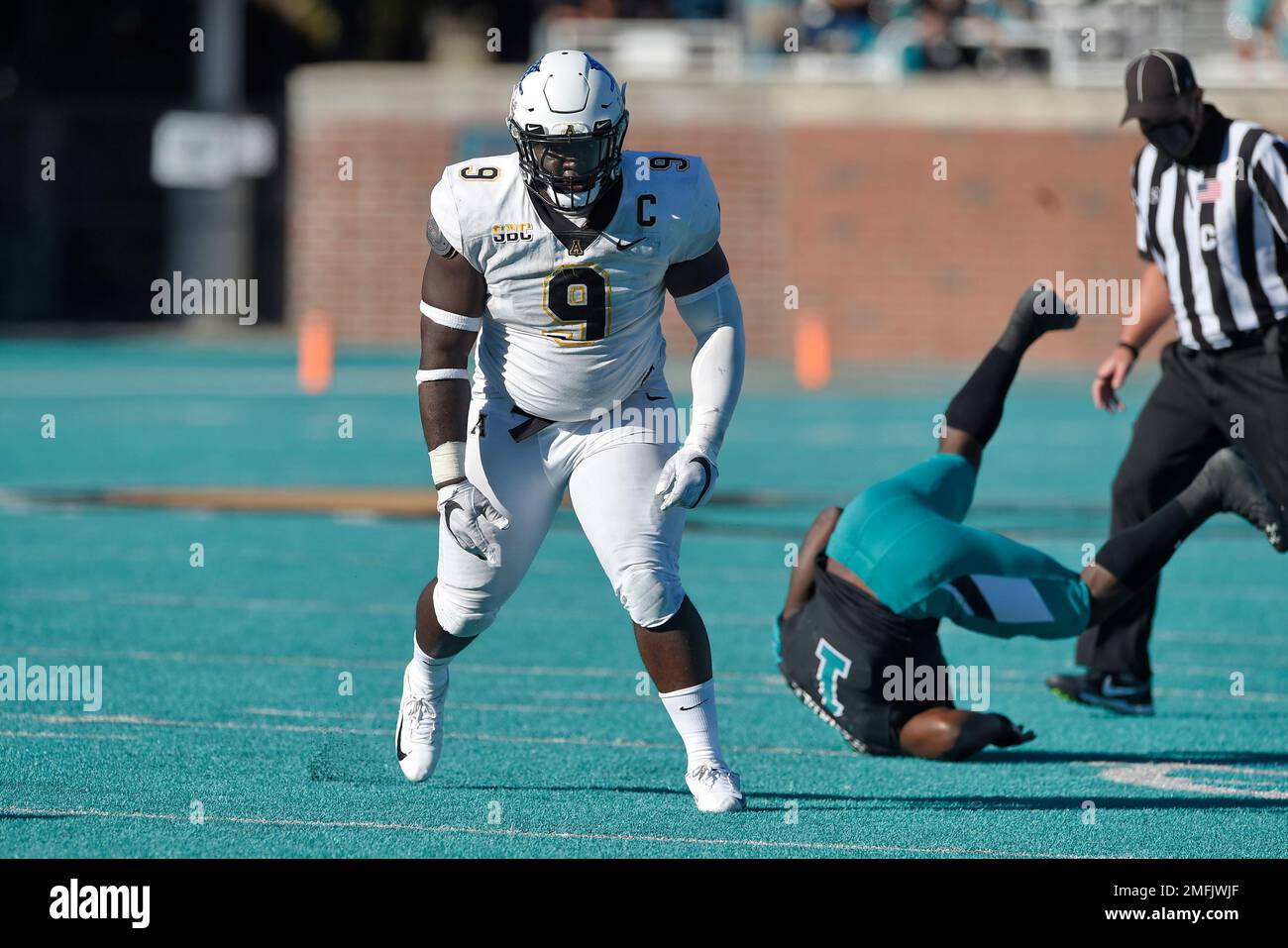 Appalachian State's Demetrius Taylor (9) reacts after tackling Coastal ...