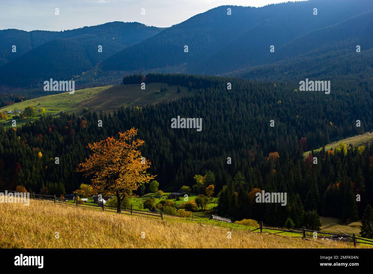 Beautiful autumn scenery. Fabulous autumn view of the mountain valley ...
