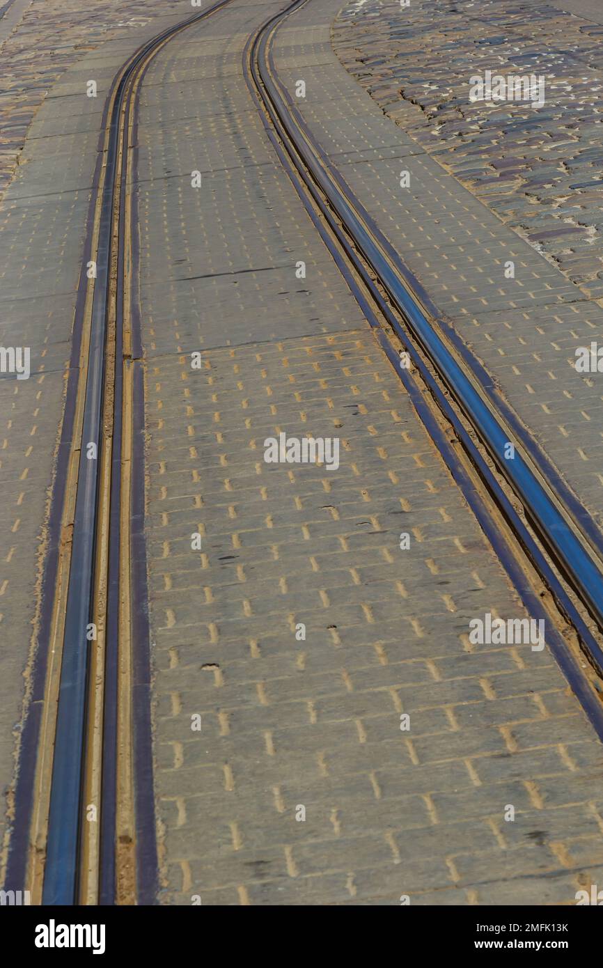 Metallic tracks in urban environment for tram. background image Stock ...