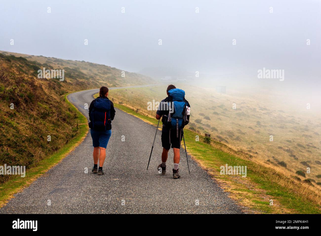 Couple of pilgrims walking along the Camino de Santiago through the ...