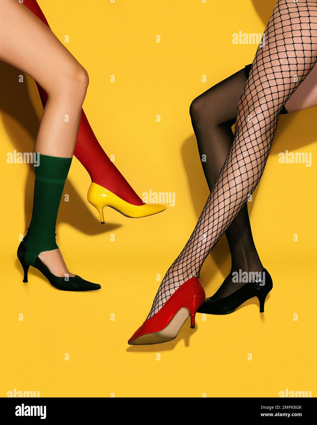Contemporary art collage. Creative colorful design. Female slim legs in ...