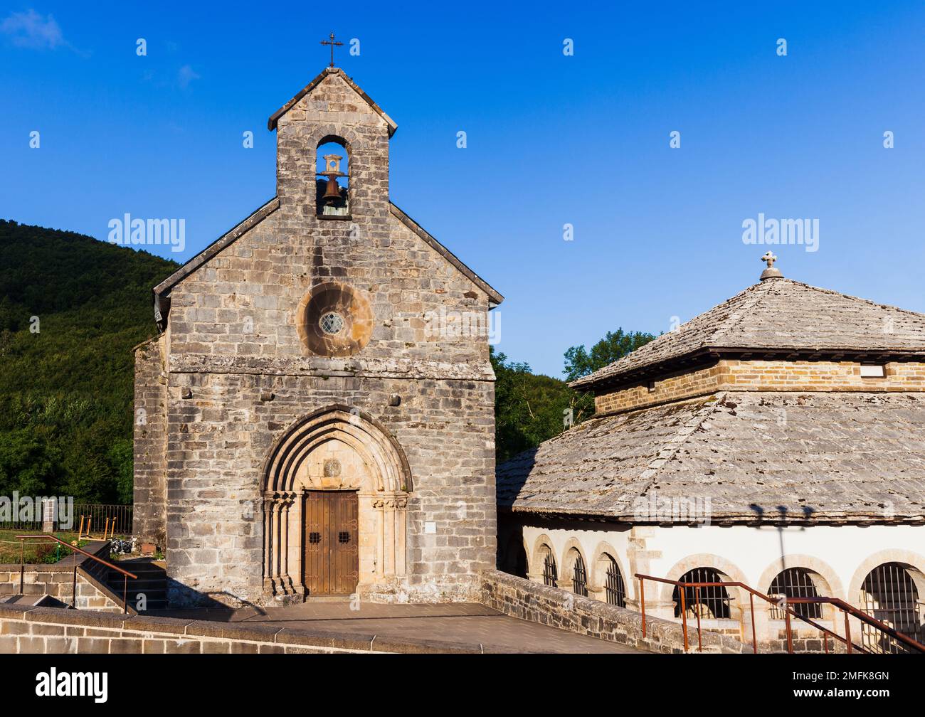 Church of Santiago in Roncesvalles under blue sky along the way of ...