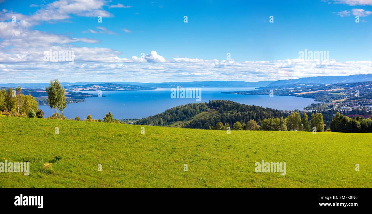 Panoramic view of a beautiful lake Mjosa and Gjovik city in summer ...