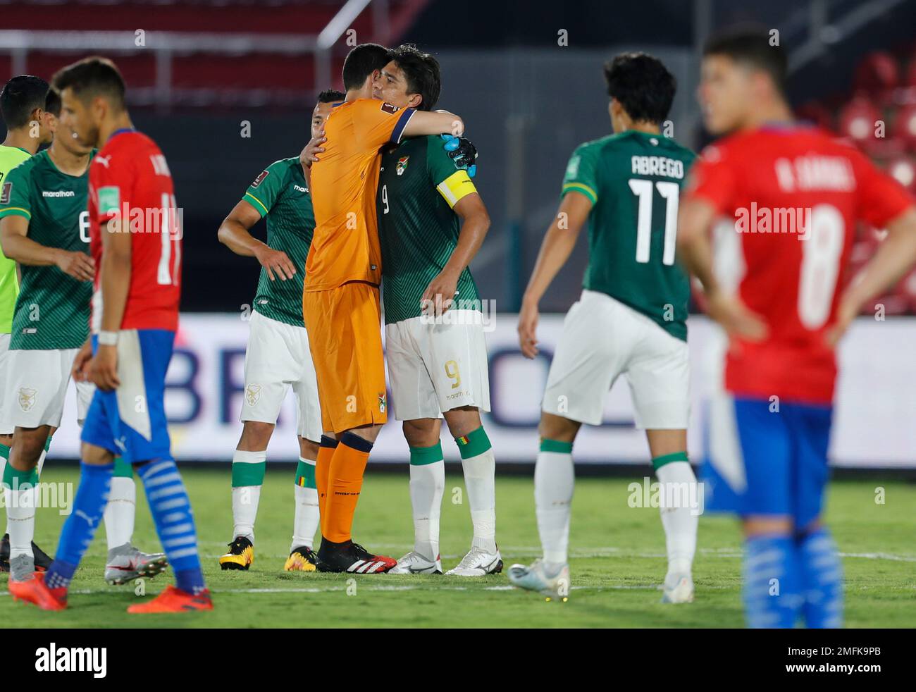Bolivia's goalkeeper Carlos Lampe and Marcelo Martins embrace after a 2 ...
