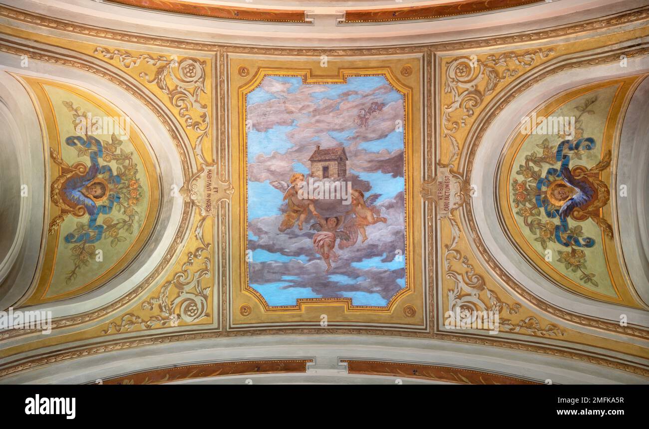IVREA, ITALY - JULY 15, 2022: The ceiling fresco of angels with House ...