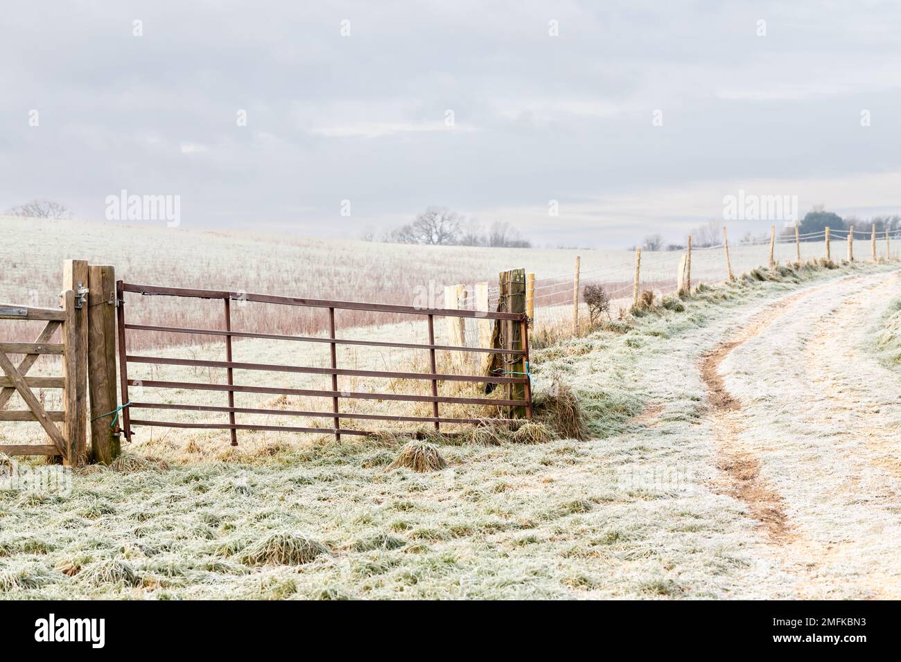 Rural view of a field gate and pathway on a cold frosty morning Stock ...