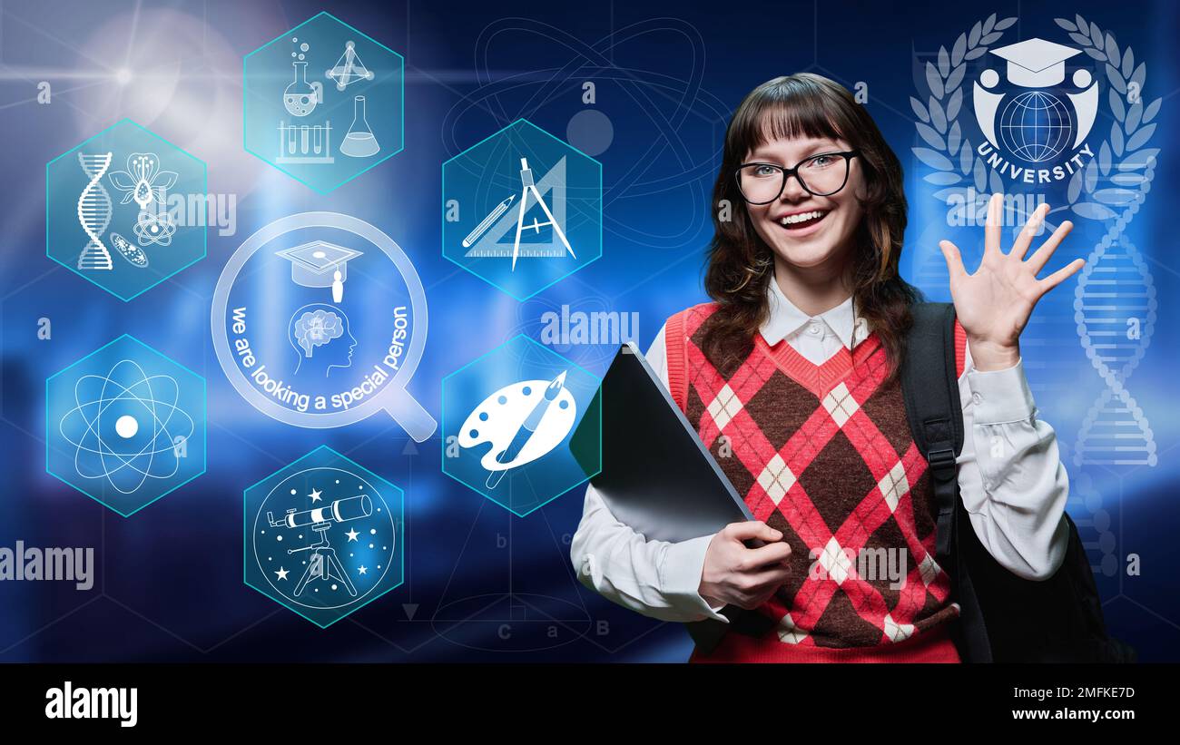 Portrait of teenage student girl, on background with education symbols ...