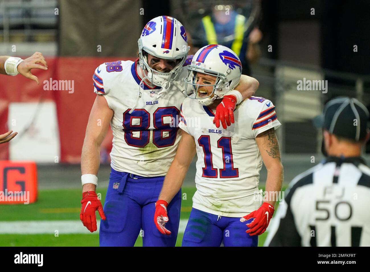 Buffalo Bills tight end Dawson Knox (88) and Cole Beasley (11) during an NFL football game ...