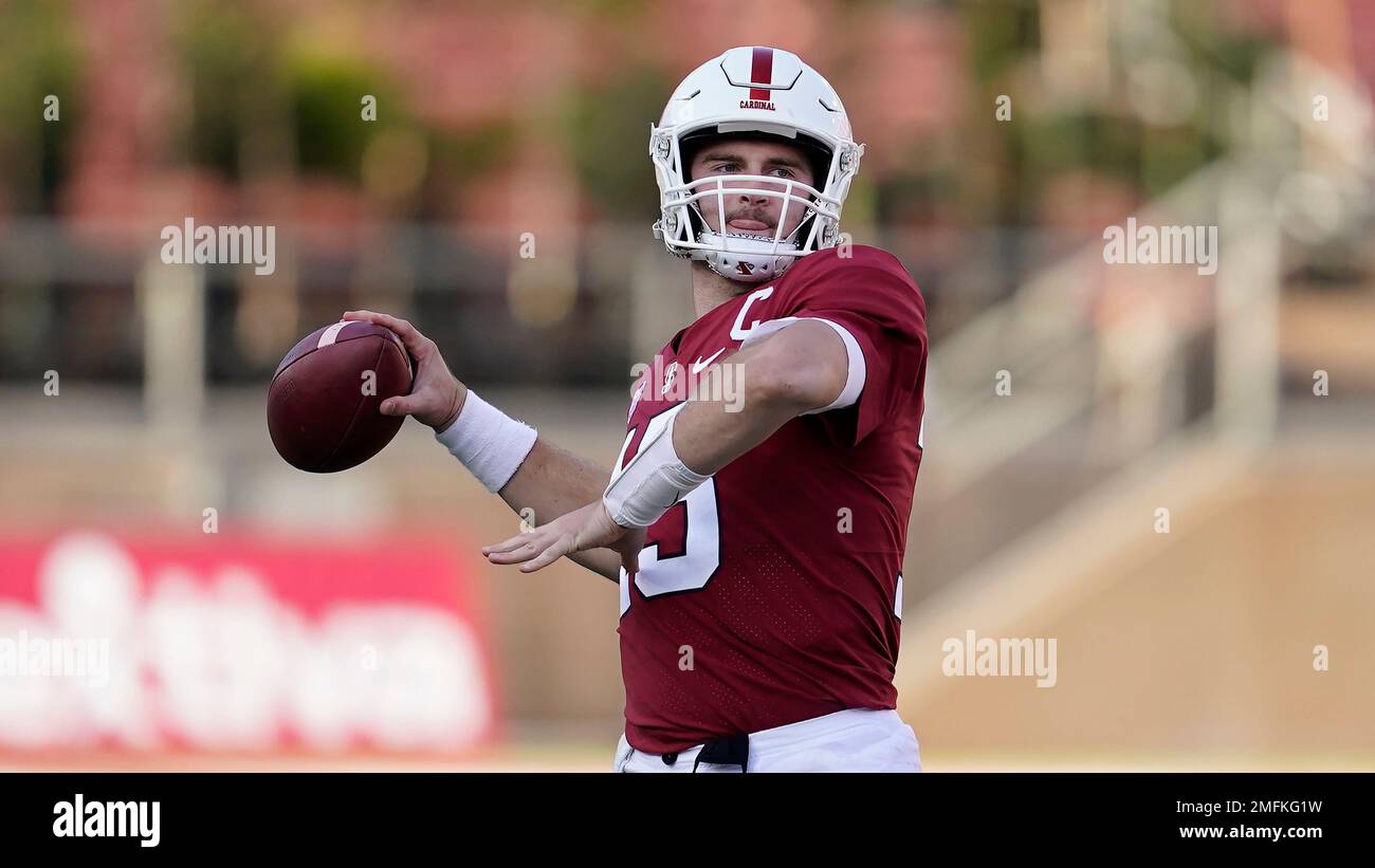 Stanford quarterback Davis Mills throws a warm up pass during the ...