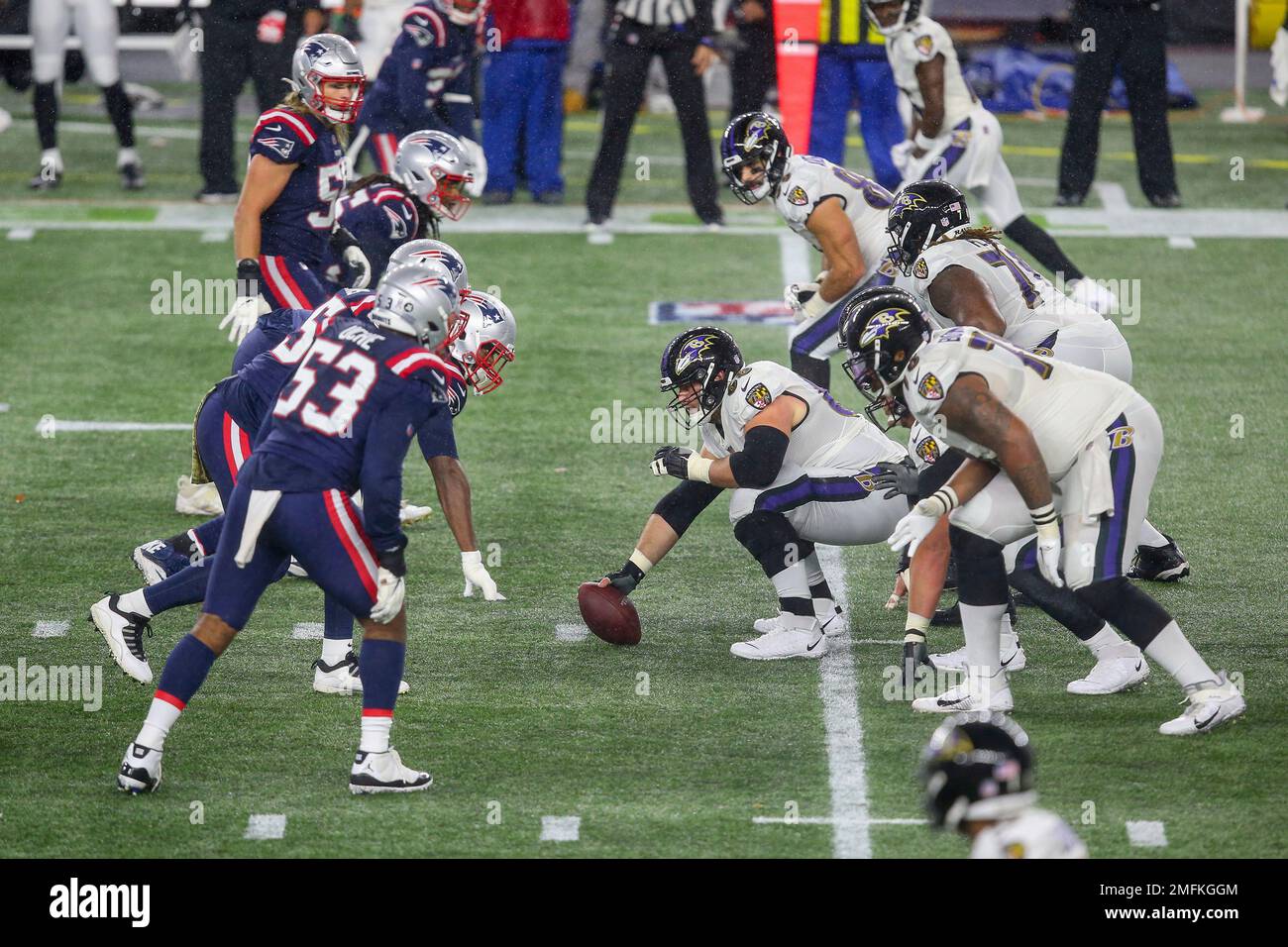 Baltimore Ravens offense at the line of scrimmage against the New ...