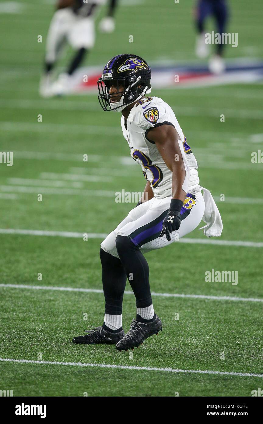Baltimore Ravens running back Justice Hill (43) during the first half ...