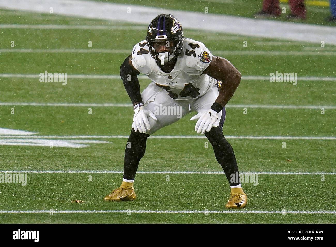 Baltimore Ravens linebacker Tyus Bowser takes his stance for the start ...